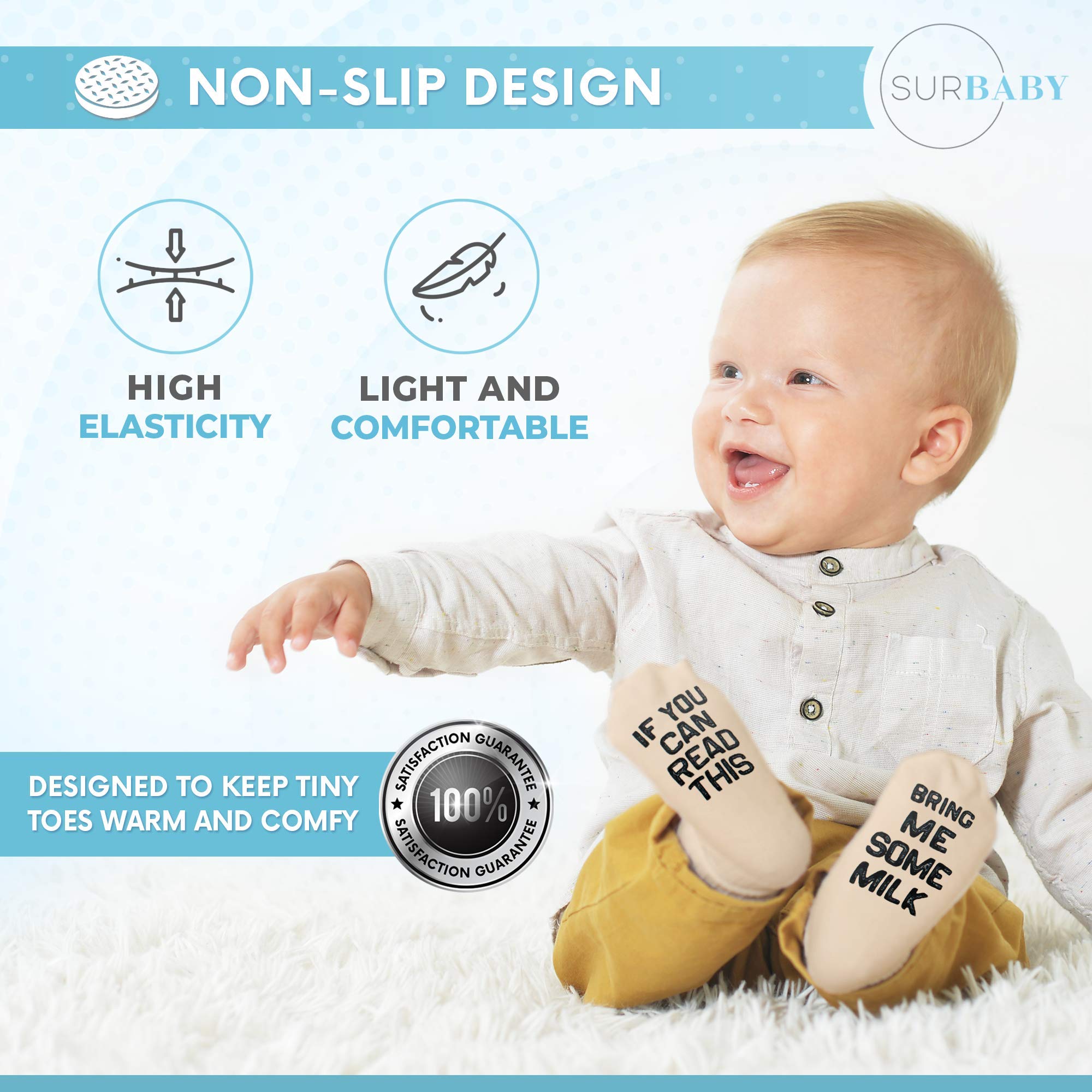 SurBaby Baby Socks Gift Set- Cute & Funny Unique Baby Shower Gifts & Registry Idea-Baby Gift Sets Unisex – 90% Cotton, Anti slip, Cutest Gift Box – Socks with Funny Sayings (4 unique pairs)