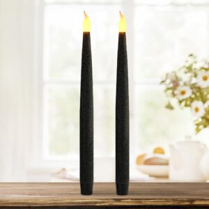 furora lighting black glittery led taper candles pack of 2, flameless flickering taper candles with timer for home décor holiday décor, battery operated