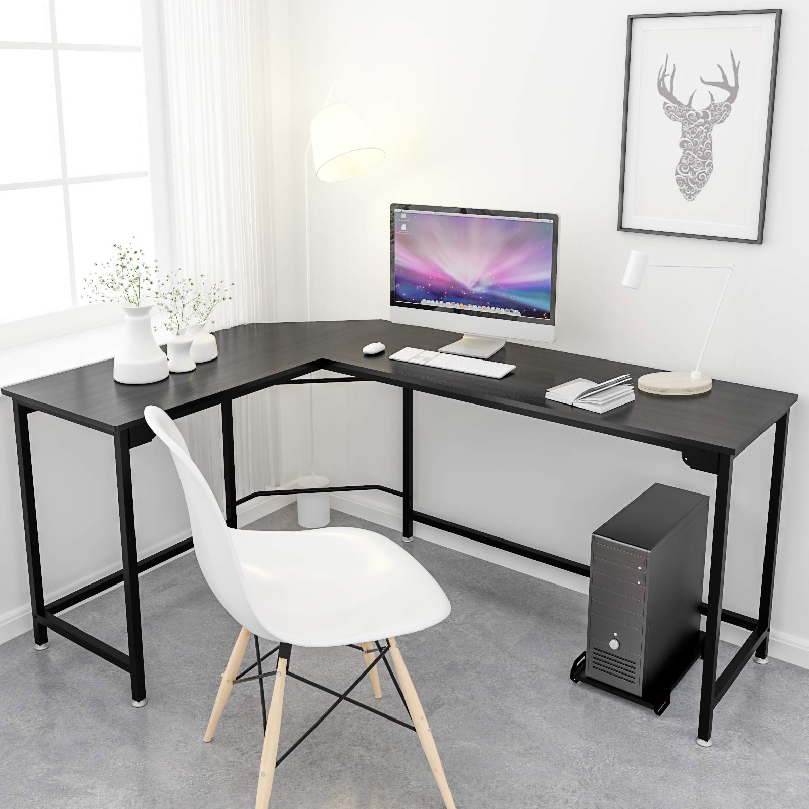 Weehom L-Shaped Desk Black Corner Gaming Computer Desks for Home Office PC Workstation Study Writing Work Table,Wood & Metal, 66 Inch