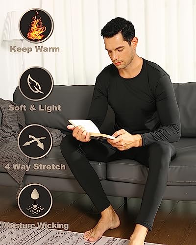 Thermal Underwear for Men Long Johns Thermals Top Bottom Set Base Layer Black L