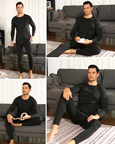 Thermal Underwear for Men Long Johns Thermals Top Bottom Set Base Layer Black L