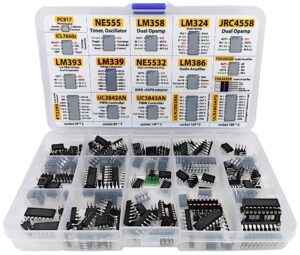 xl ic chip assortment 150 pcs, opamp, oscillator, pwm, pc817, ne555, lm358, lm324, jrc4558, lm393, lm339, ne5532, lm386, tda2030, tda2822, pt2399, uc3842, uc3843, uln2003, uln2803, 7660, sockets