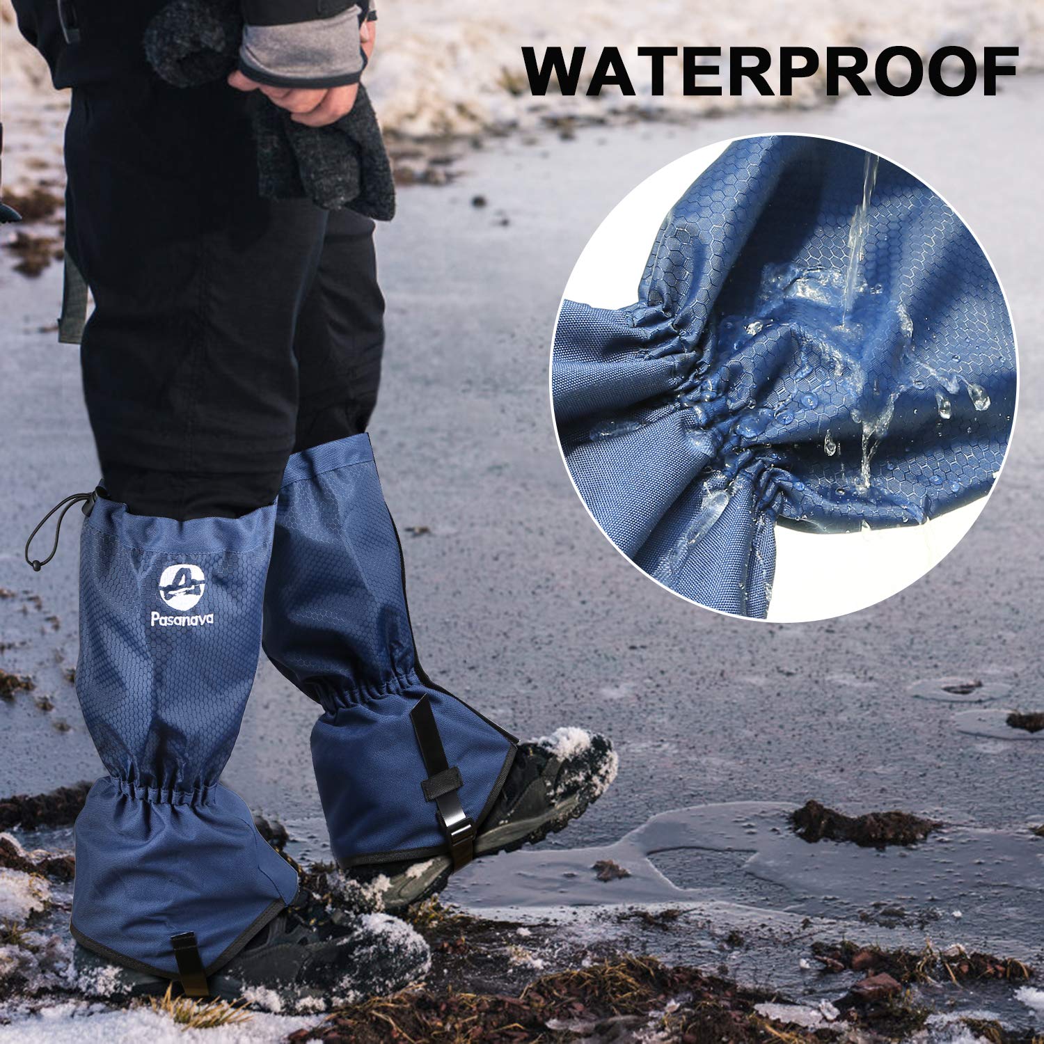 Pasanava Leg Gaiters Waterproof and Adjustable Snow Boot Gaiters One Size for Hiking,Walking,Hunting,Backpacking and Outdoor Climbing for Men and Women (Blue)