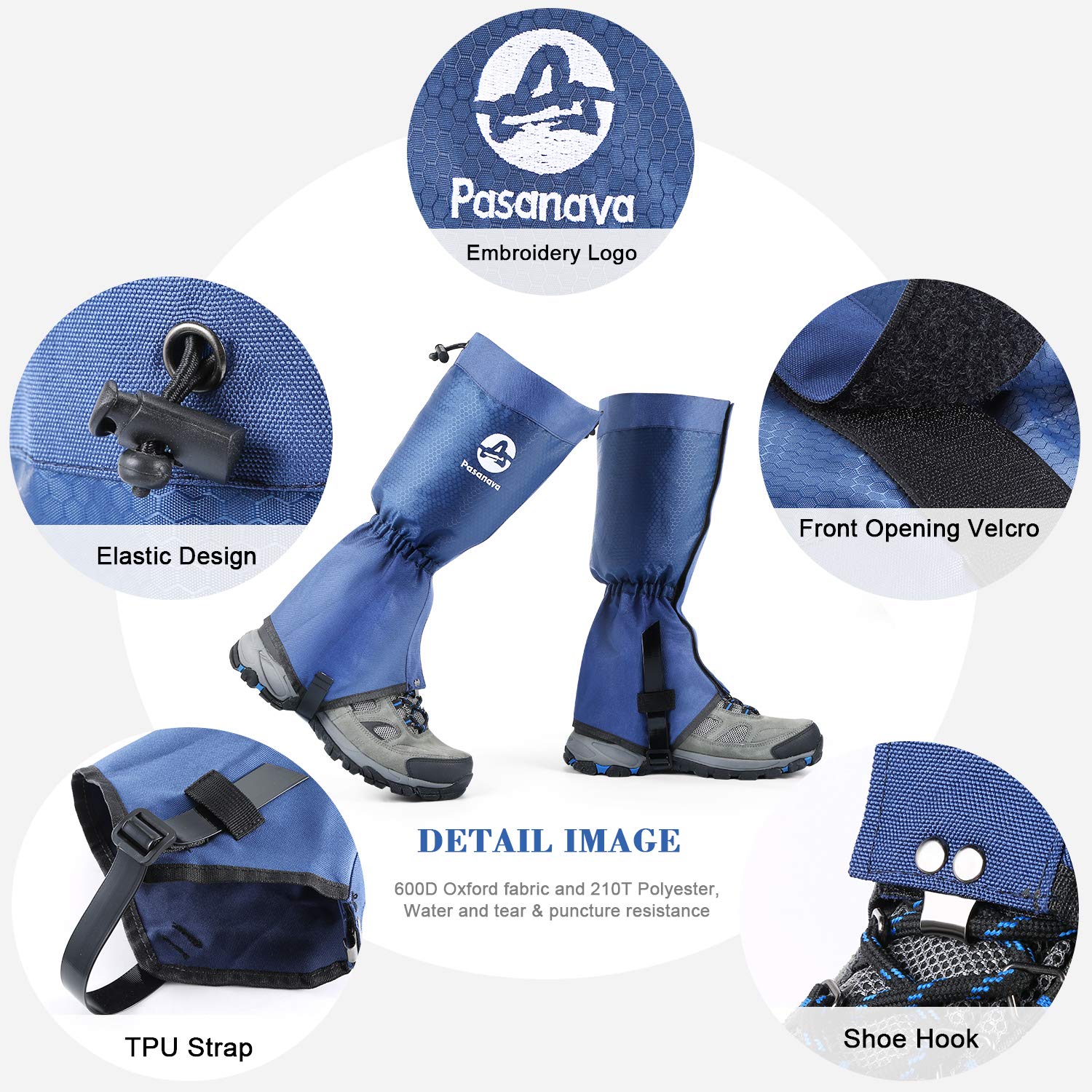 Pasanava Leg Gaiters Waterproof and Adjustable Snow Boot Gaiters One Size for Hiking,Walking,Hunting,Backpacking and Outdoor Climbing for Men and Women (Blue)