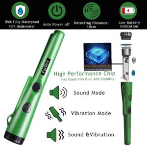 Pinpoint Metal Detector Pinpointer Waterproof - 2019 Fully Waterproof Design Metal detectors for Adults and Kids Green with Belt Holster