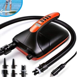 tuomico 20psi high pressure sup electric air pump,dual stage inflation paddle board pump for inflatable stand up paddle boards, boats,kayak,12v dc car connector