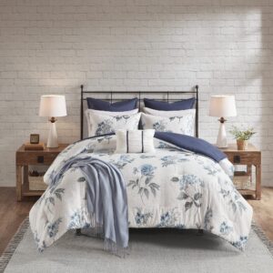 madison park zennia farmhouse comforter set with throw-blanket, floral print on seersucker textures, all season bedding, matching shams, toss pillows, king/cal king(104"x92"), blue 7 piece