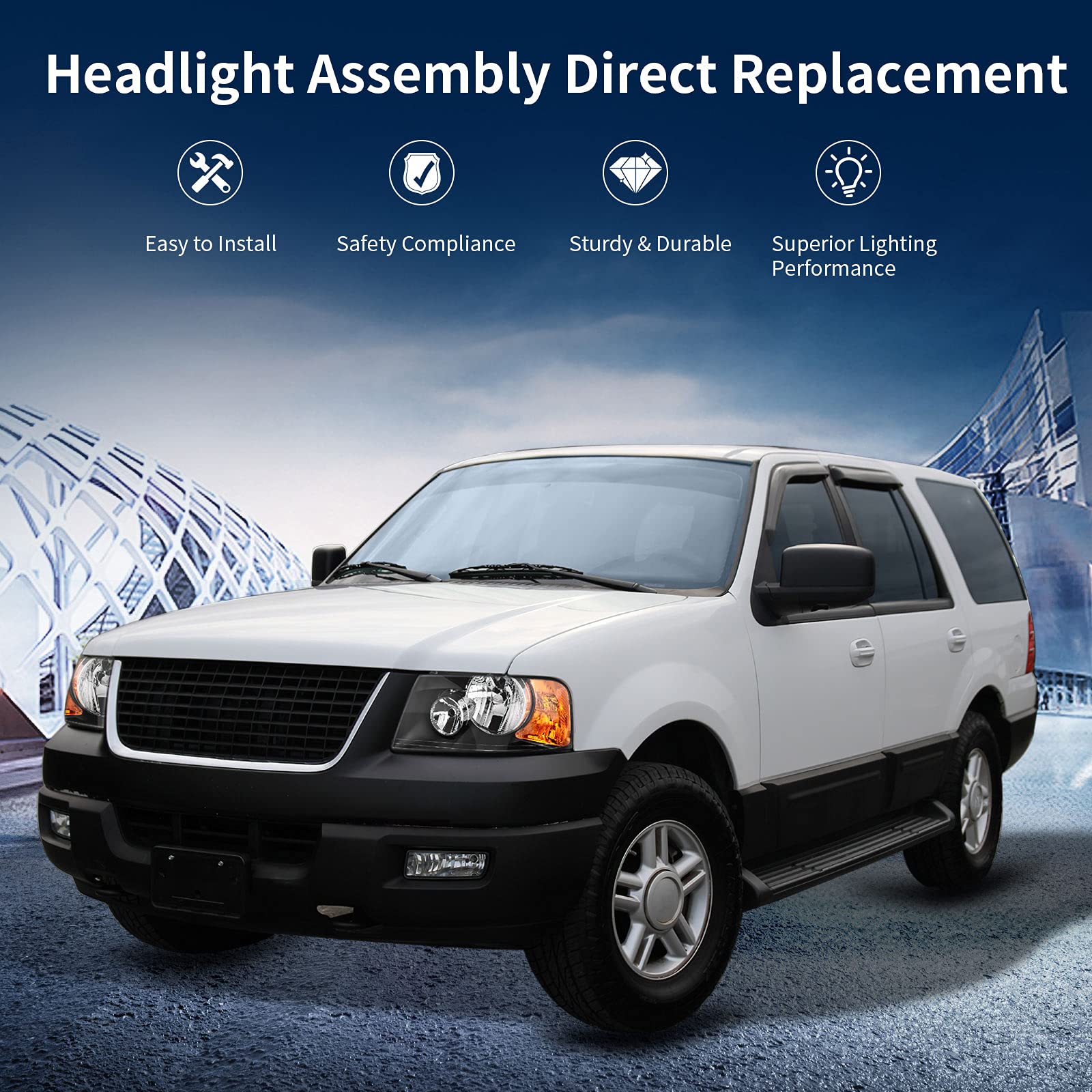 AUTOSAVER88 Headlight Assembly Compatible with 03 04 05 06 2003 2004 2005 2006 ford Expedition Black Housing Clear Lens