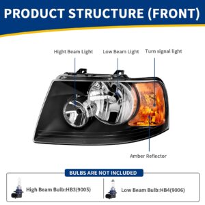 AUTOSAVER88 Headlight Assembly Compatible with 03 04 05 06 2003 2004 2005 2006 ford Expedition Black Housing Clear Lens