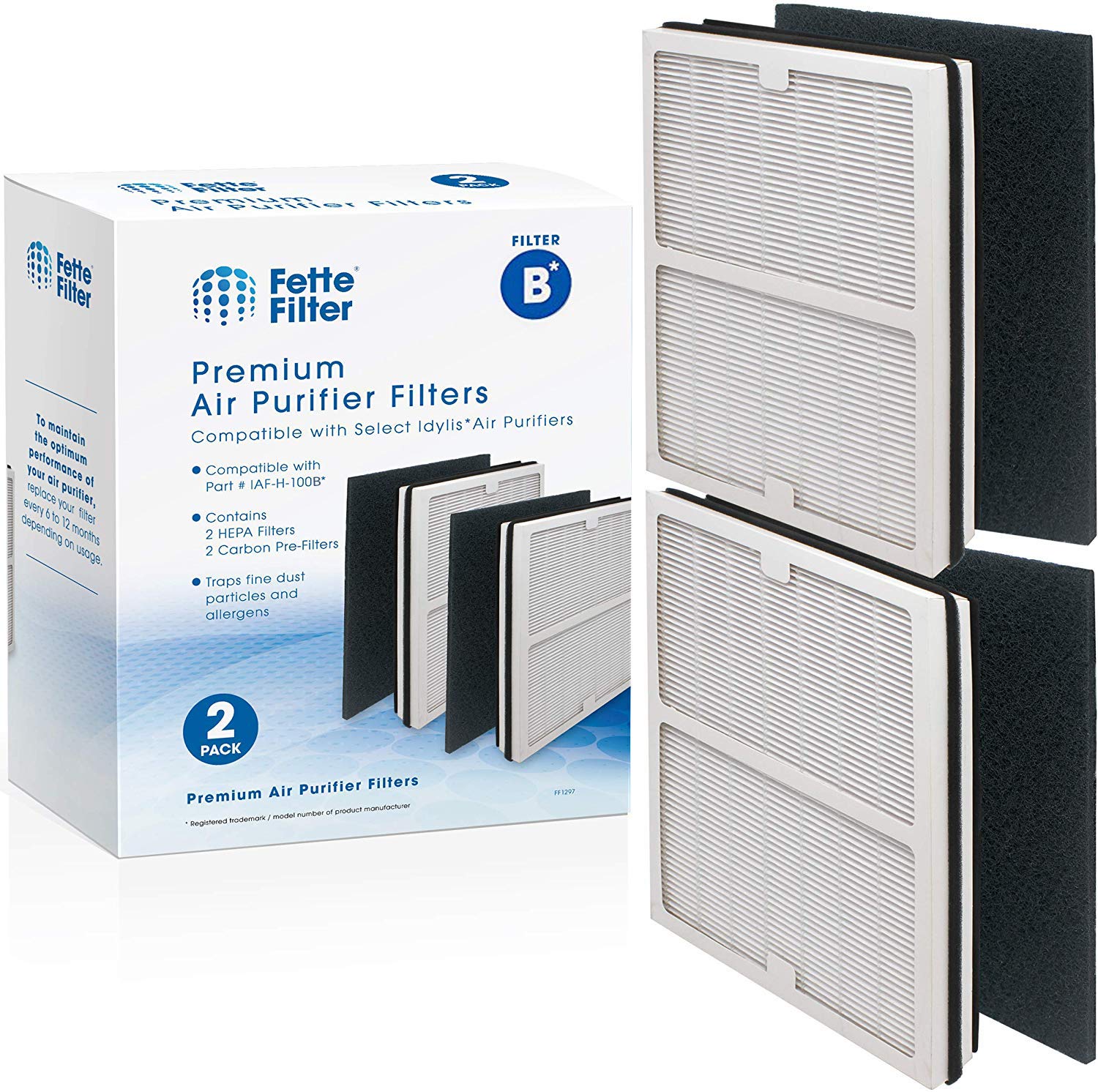 Fette Filter - 2PK Air Purifier Filter with Carbon Prefilter Compatible with Idylis B Models: AC-2125, AC-2126, IAP-10-125, IAPC-40-140, IAP-10-150, IAP-10-050, Compare to Part # IAF-H-100B Pack of 2