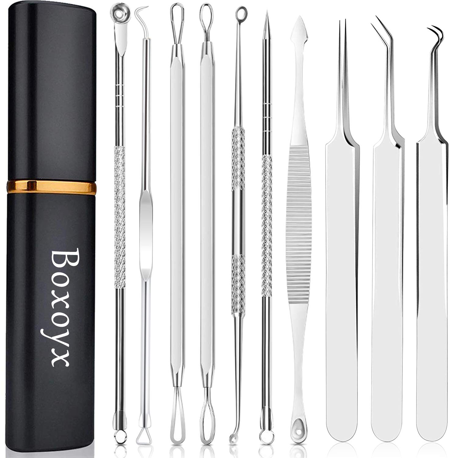 Blackhead Remover Tool, Boxoyx 10 Pcs Professional Pimple Comedone Extractor Popper Tool Acne Removal Kit - Treatment for Pimples, Blackheads, Zit Removing, Forehead,Facial and Nose(Silver)