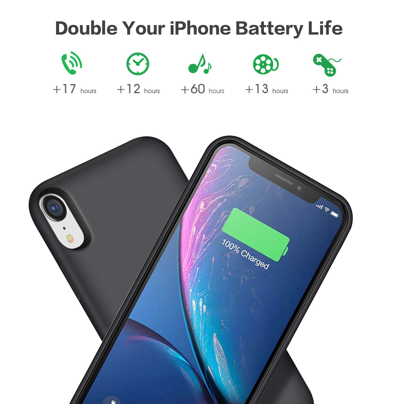 Pxwaxpy Battery Case for iPhone XR, 6800mAh Portable Charging Case for iPhone XR Extended Rechargeable Charger Case Battery Pack Compatible with Apple XR Power Bank Cover(6.1 inch), Black