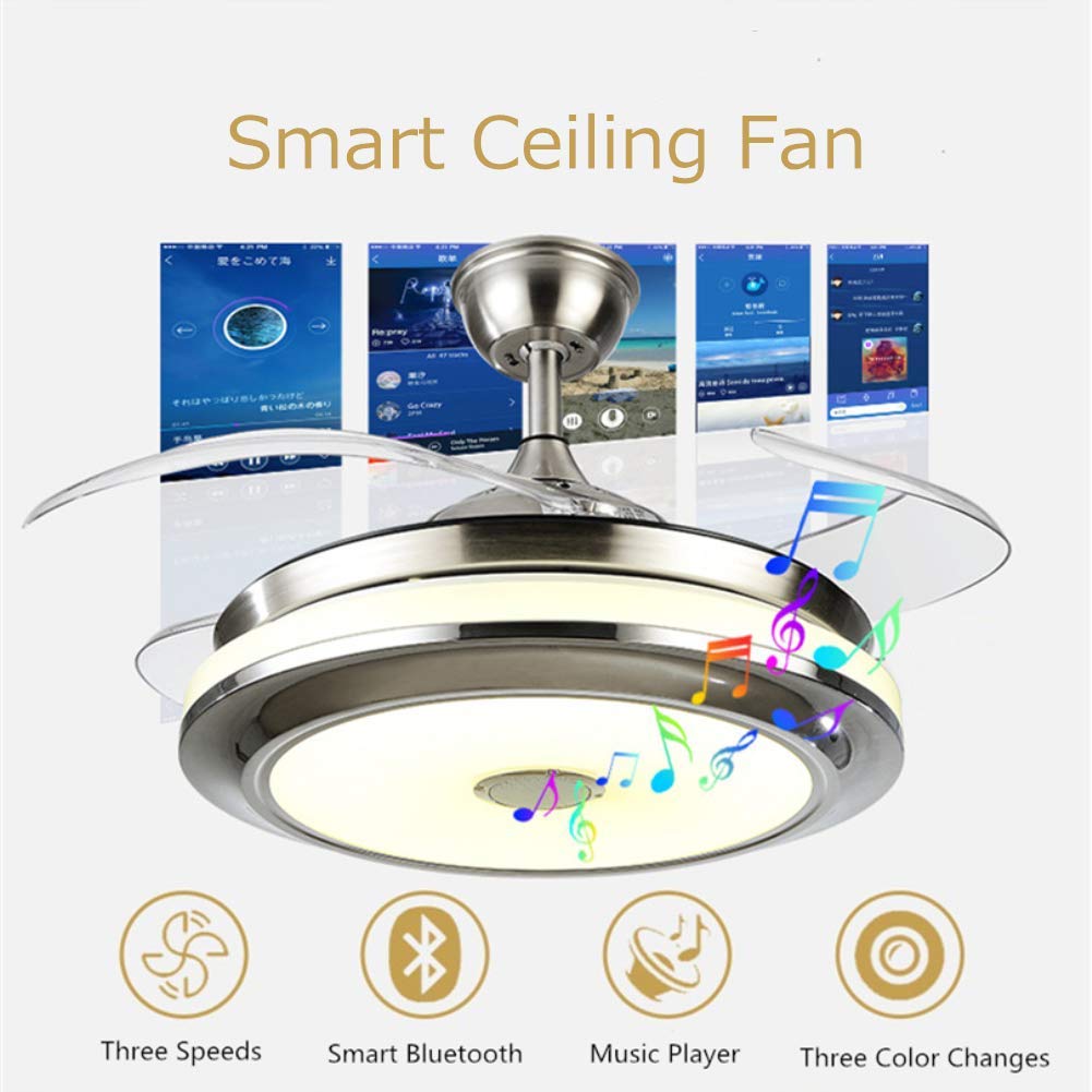 Fandian 36'' Modern Ceiling Fans with Light Smart Bluetooth Music Player Chandelier 3 Colors 3 Speeds Invisible Blades with Remote Control, Silent Motor with LED Kits Included (36inch-1)