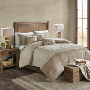 madison park boone cozy comforter set, faux suede, deluxe hotel styling all season down alternative bedding matching shams, decorative pillow, king (104 in x 92 in), rustic tan 7 piece