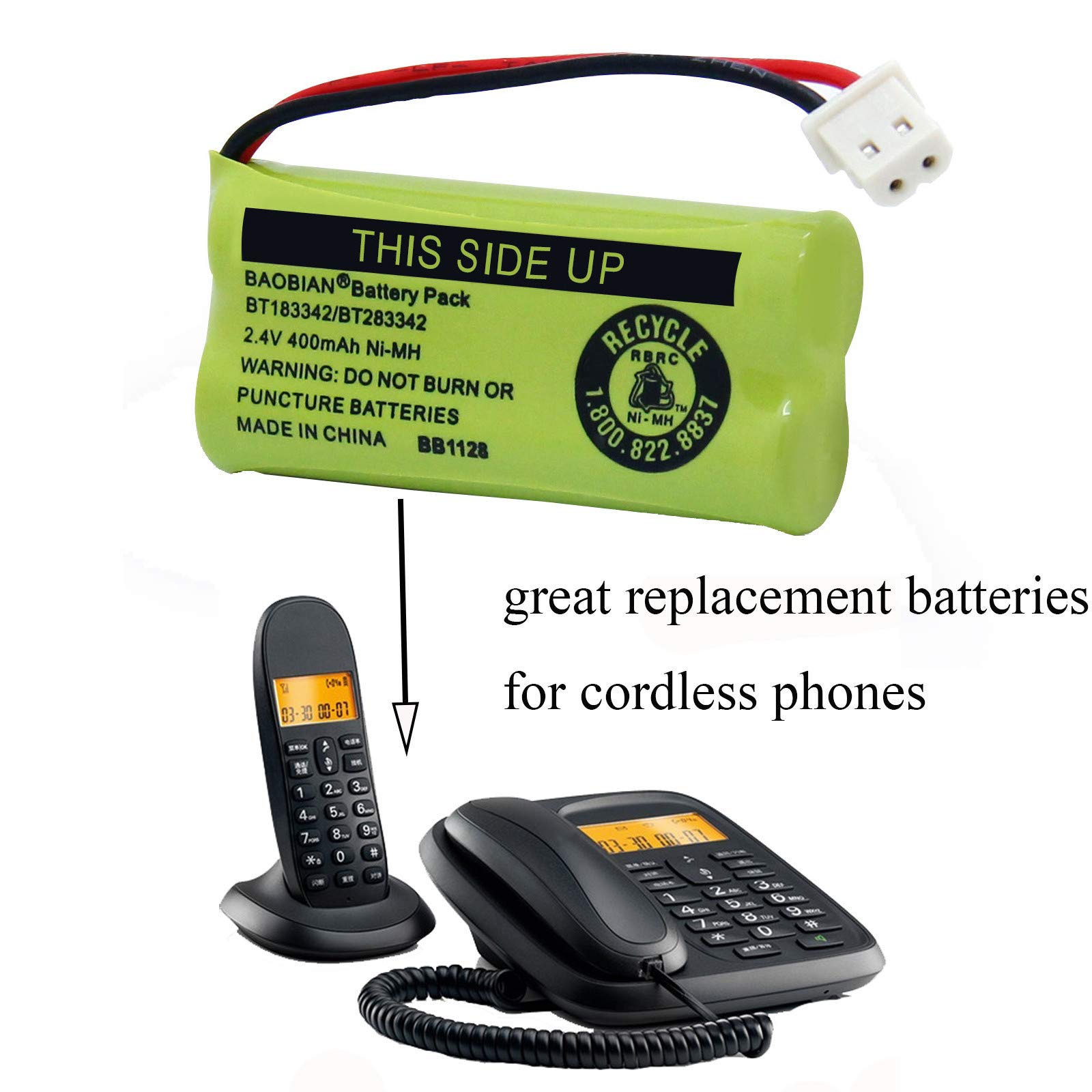 BAOBIAN BT183342/BT283342 2.4V 400mAh Ni-MH BT166342/BT266342 BT162342/BT262342 Rechargeable Cordless Phone Battery CS6709 CS6609 CS6509 CS6409 EL52100 EL50003 (2 Pack)