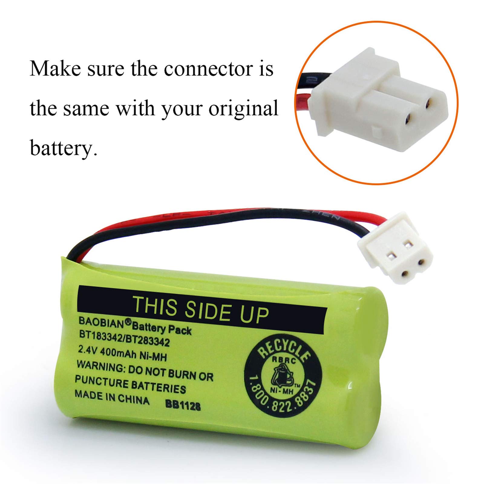 BAOBIAN BT183342/BT283342 2.4V 400mAh Ni-MH BT166342/BT266342 BT162342/BT262342 Rechargeable Cordless Phone Battery CS6709 CS6609 CS6509 CS6409 EL52100 EL50003 (2 Pack)