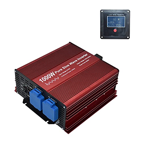 1000W Pure sine ave Power Inverter, Input DC24V Output AC110V 60Hz, with Dual Sockets, USB Output and LCD Wired Remote kit Ideal for 24V Solar System