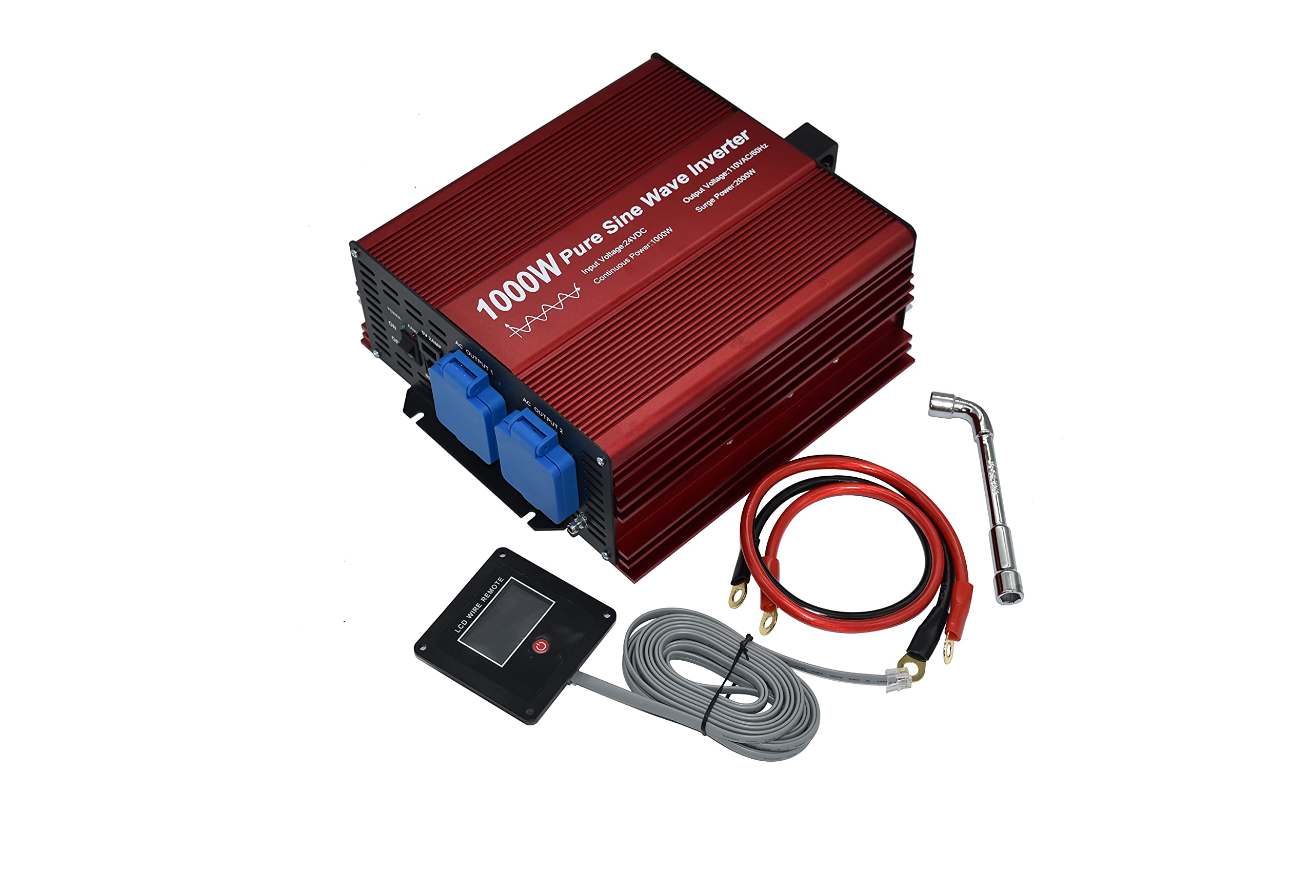 1000W Pure sine ave Power Inverter, Input DC24V Output AC110V 60Hz, with Dual Sockets, USB Output and LCD Wired Remote kit Ideal for 24V Solar System