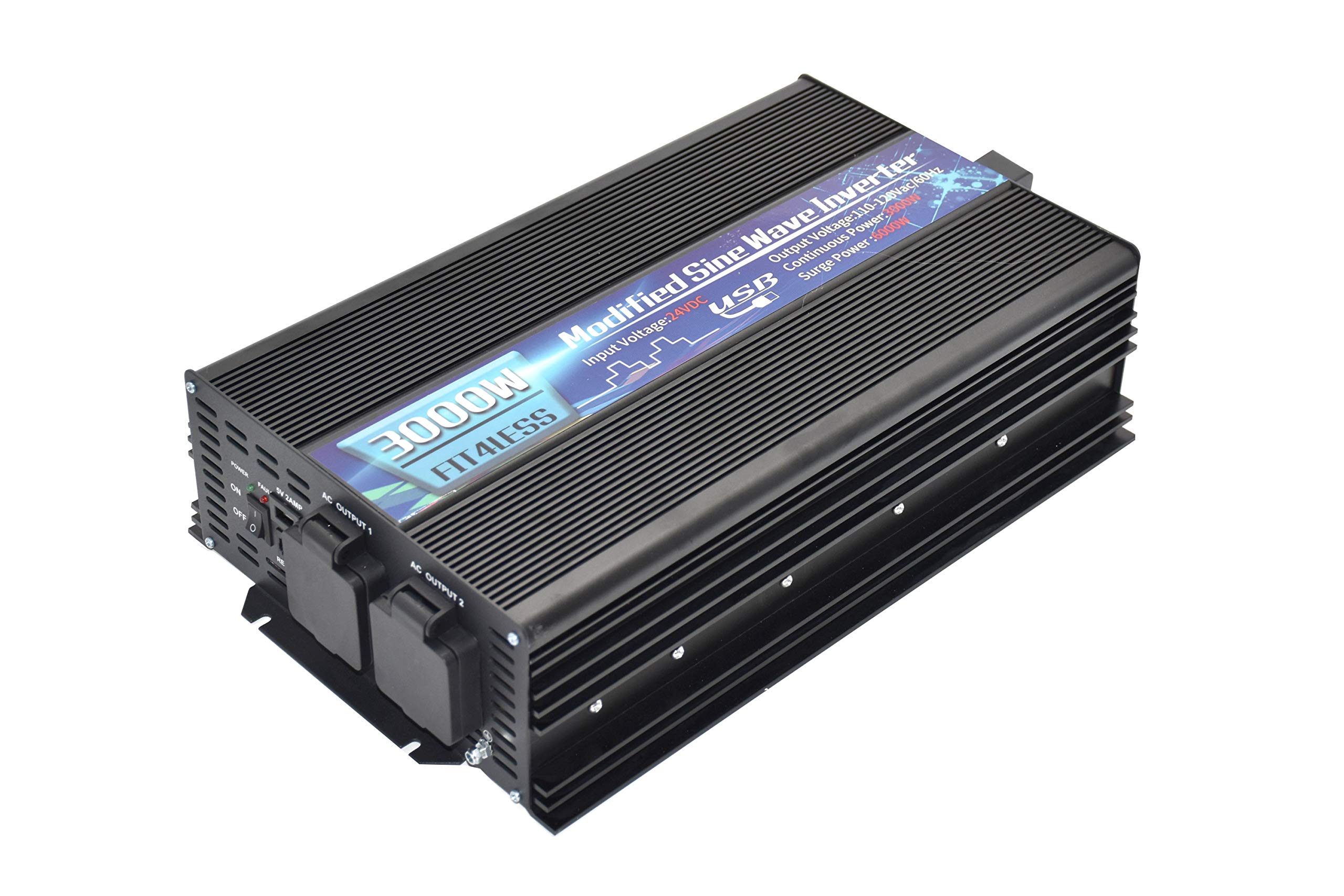 3000W Output Power Inverter with Dual sockets and USB, Modified sine Wave, Input DC12V or DC 24V Output 110V 60Hz. (24V)