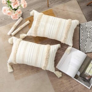 OJIA Lumbar Decorative Boho Throw Pillow Cover, 12 x 20 Farmhouse Cute Pillowcase Minimalist Neutral Collection Cream White Tufted with Tassels Woven Cushion Cover for Sofa Couch Bedroom Living Room