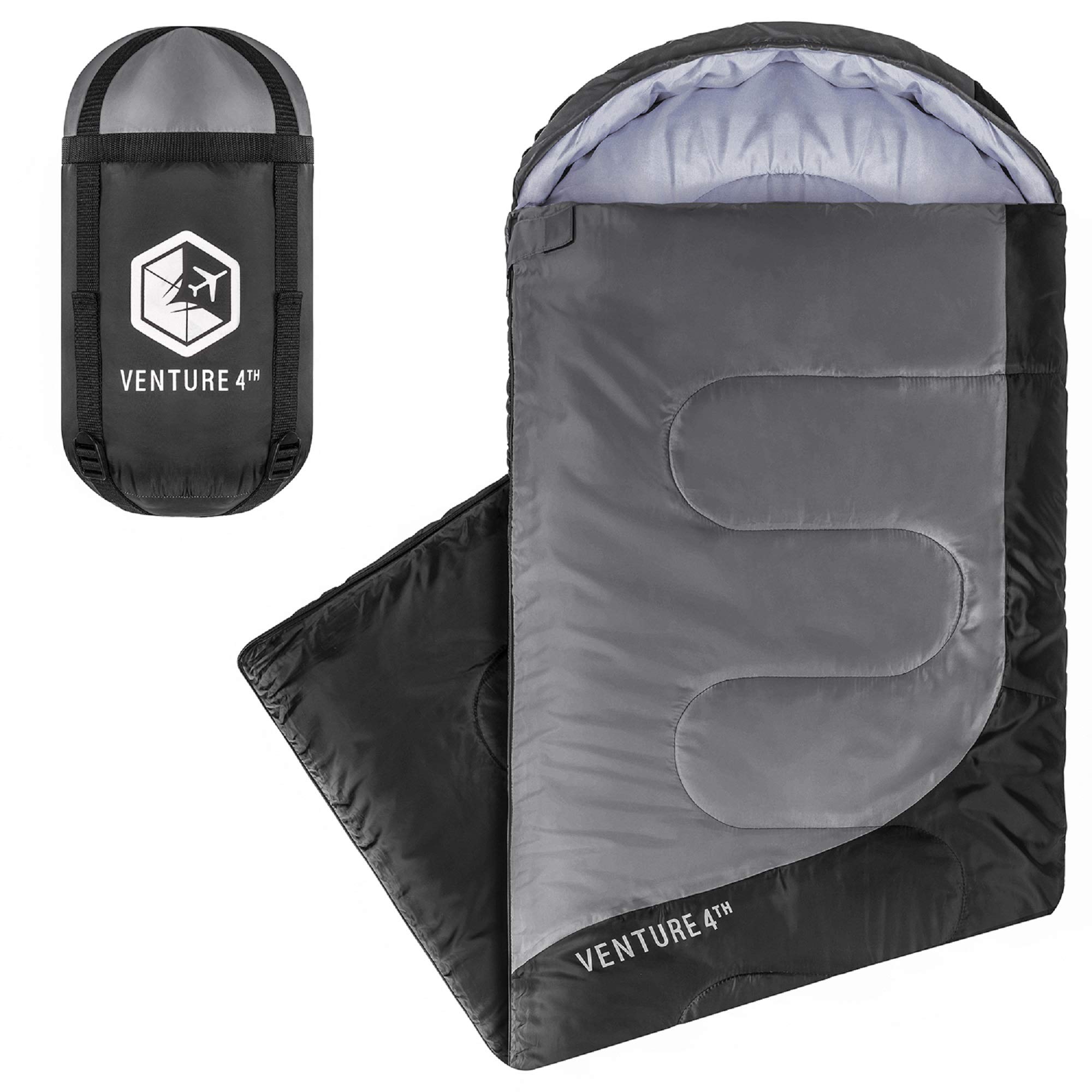 VENTURE 4TH Summer Sleeping Bag, Single, Regular Size - Lightweight, Comfortable, Water Resistant Backpacking Sleeping Bag for Adults & Kids - Ideal for Hiking, Camping & Outdoor - Black/Silver