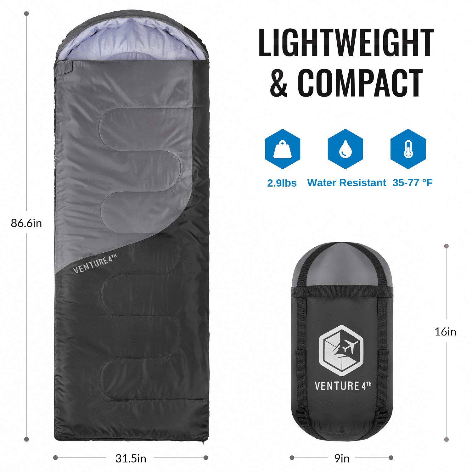 VENTURE 4TH Summer Sleeping Bag, Single, Regular Size - Lightweight, Comfortable, Water Resistant Backpacking Sleeping Bag for Adults & Kids - Ideal for Hiking, Camping & Outdoor - Black/Silver