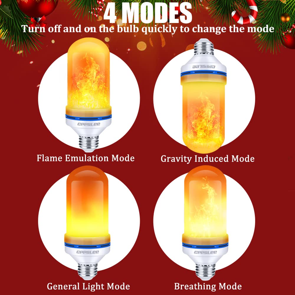 CPPSLEE LED Flame Light Bulbs, 4 Modes Fire Light Bulbs, E26 Base Flame Bulb, Holiday Decorations Outdoor Indoor Home, Lights Bulbs (Yellow, 4 Pack)