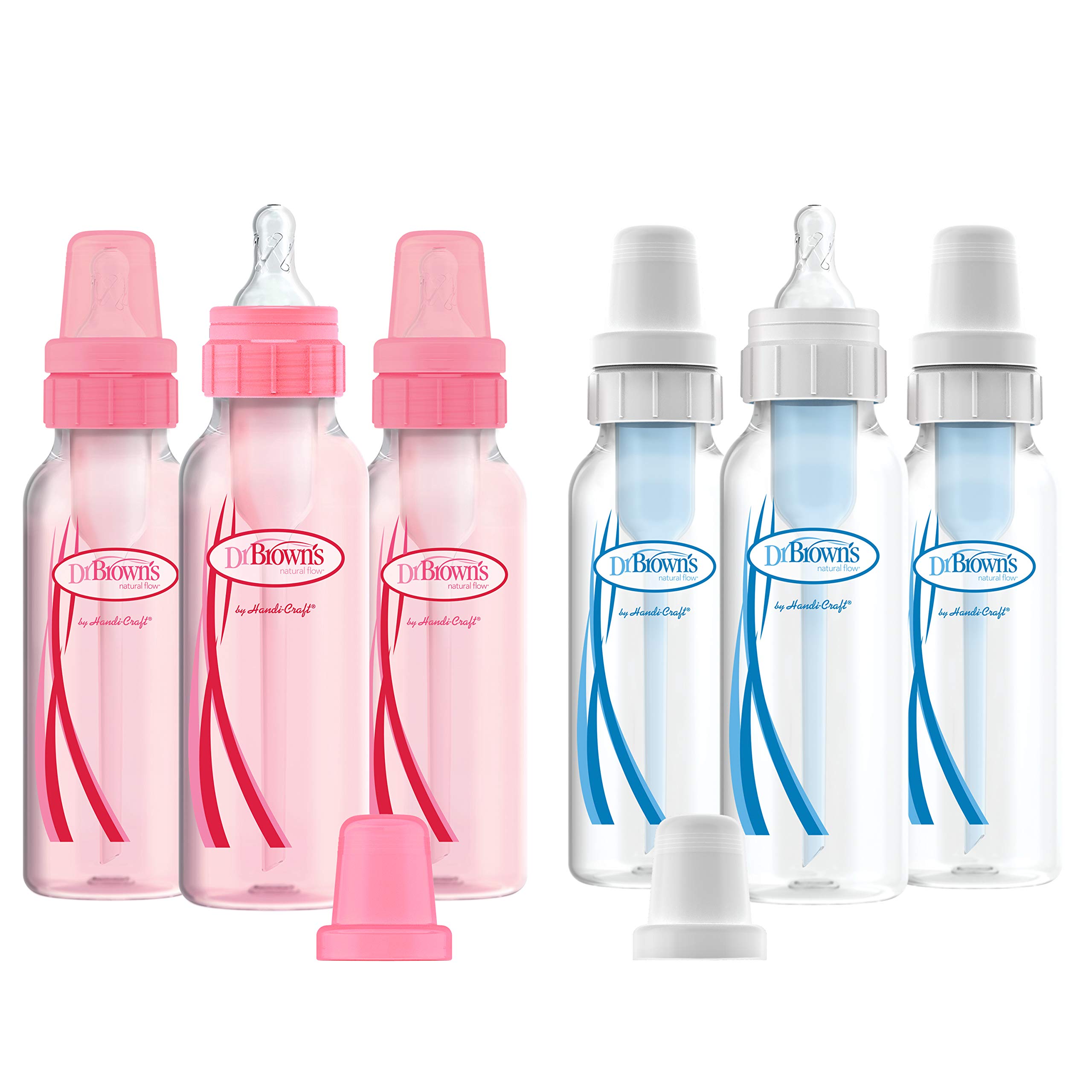 Dr. Brown's Original Baby Bottles, 8oz/250ml, Narrow Bottle, Pink and Clear, 6 Count