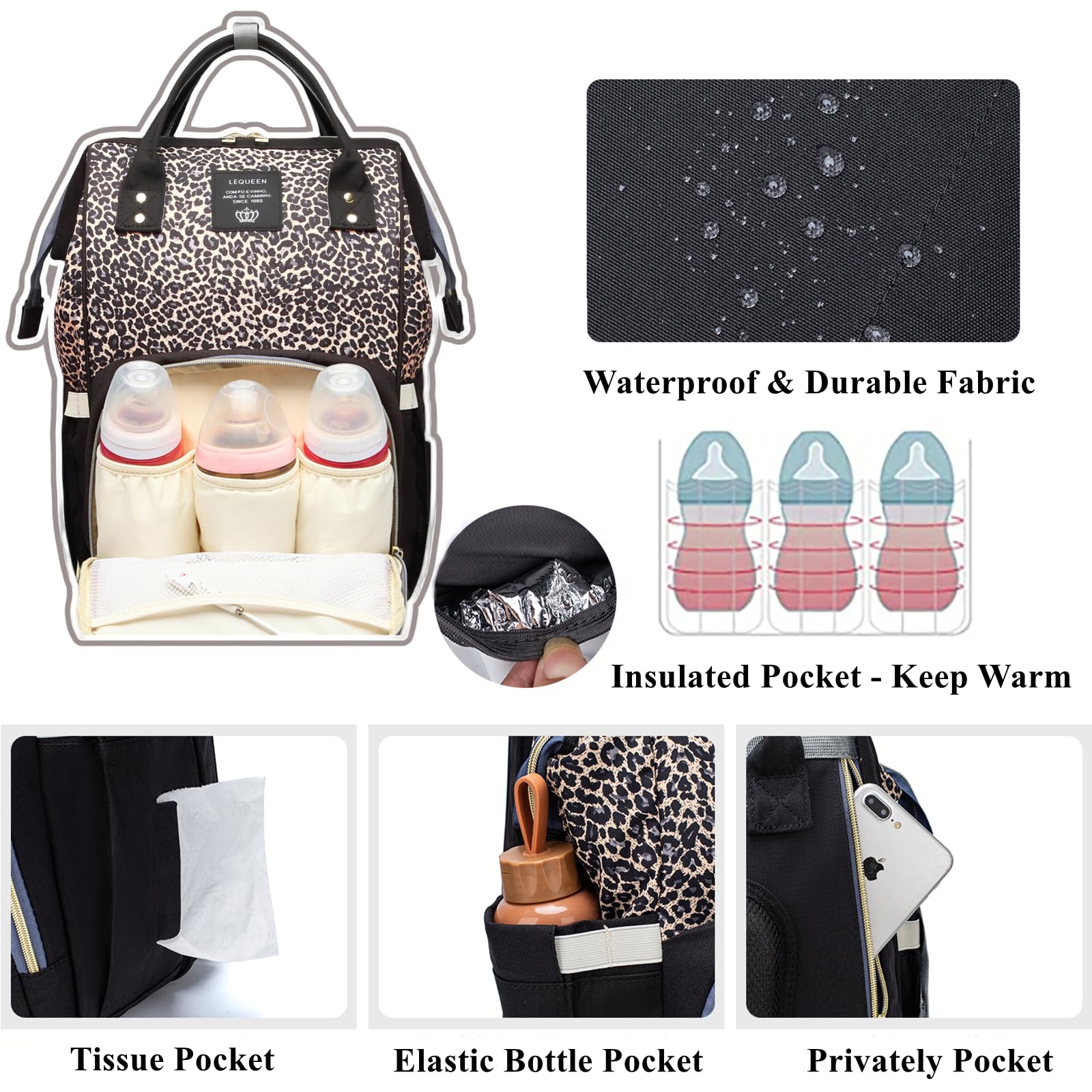 Armbq Leopard Print Diaper Bag Backpack Multi-Function Diaper Bag for Baby Care Waterproof Travel Baby Bag for Mom Purple