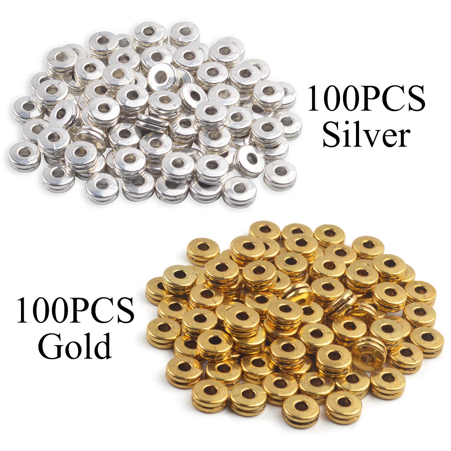 Metal Spacer Beads,200pcs Flat Round Disc Rondelle Spacer Beads Metal Rondelle Beads Spacers for Jewelry Making(6mm) - Silver and Golden