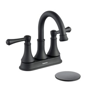 timearrow matte black 2 handle centerset bathroom sink faucet 3 holes with drain assembly, high arc modern 4 inch bathroom vanity lavatory faucet with brass 360° swivel spout, taf067y-mb