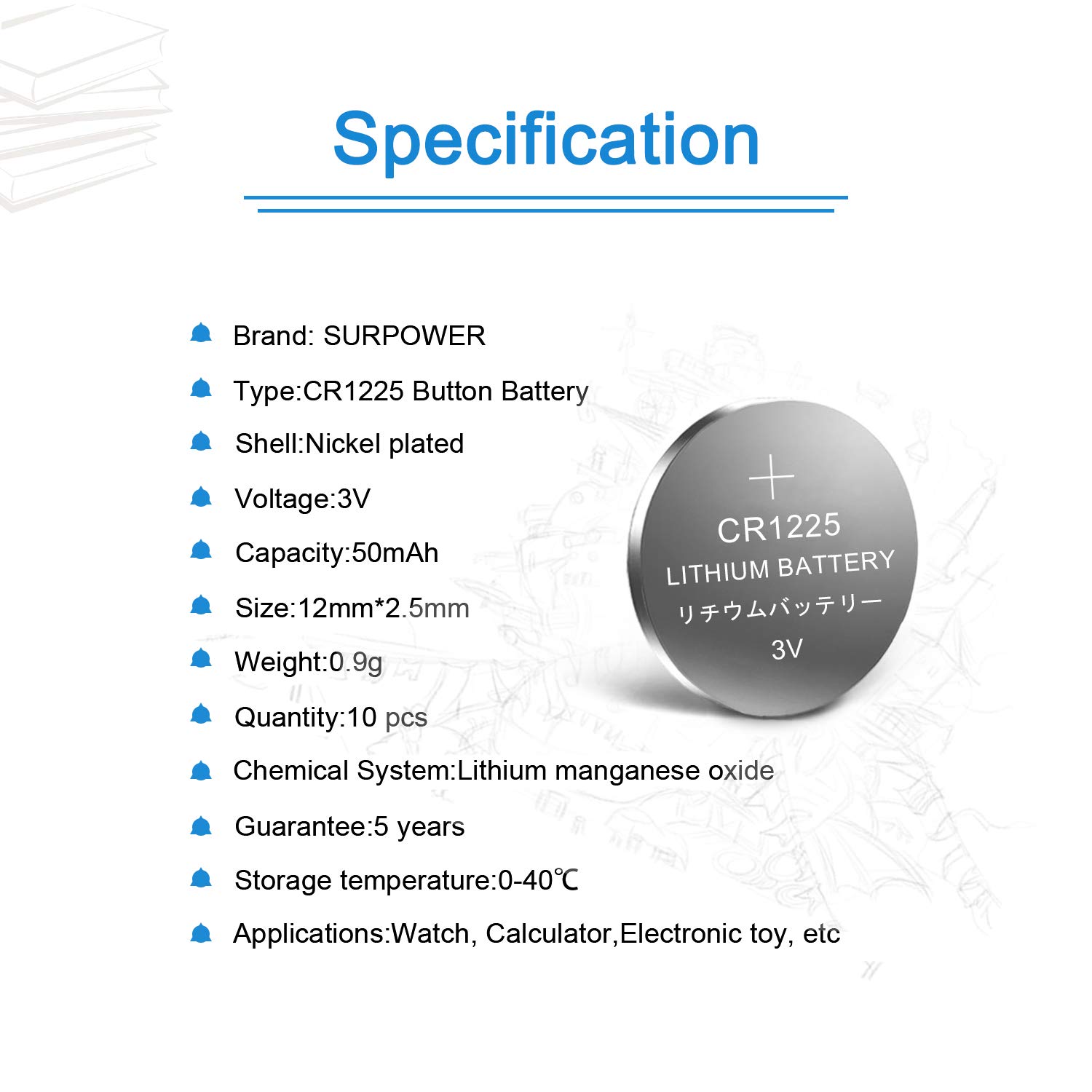 【5-Year Warranty】SURPOWER CR1225 3V Battery for Thermometer CR 1225 -10 Pack