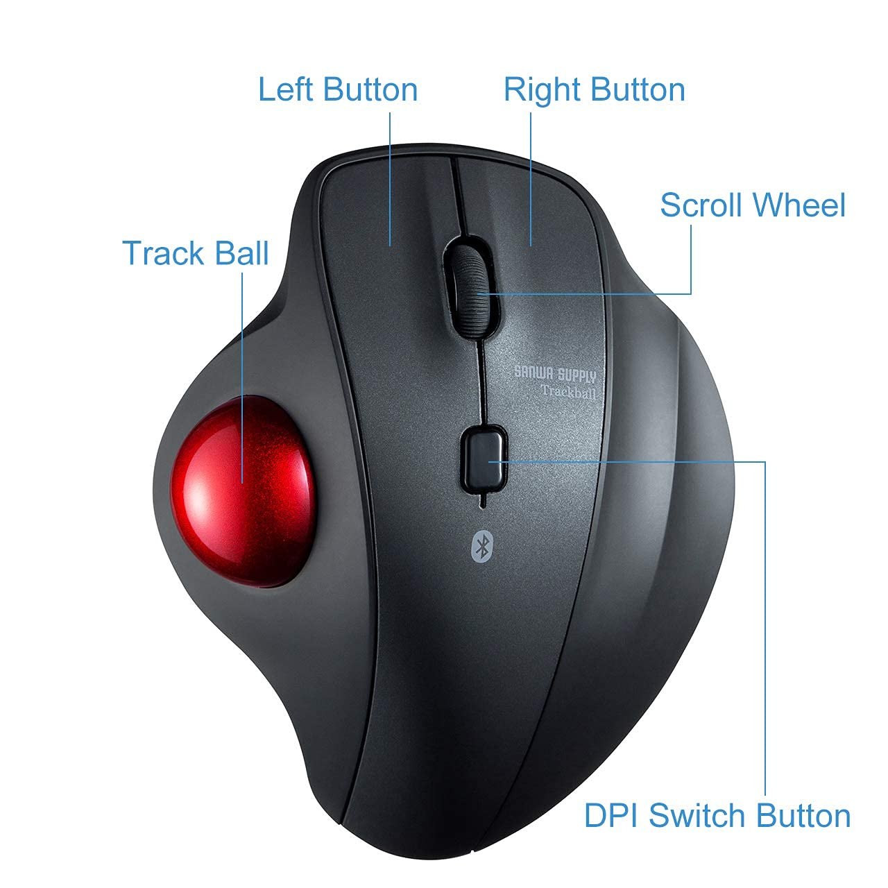 SANWA Bluetooth Ergonomic Trackball Mouse, Optical Vertical Rollerball Mice, Silent Buttons, 600/800/1200/1600 Adjustable DPI, Compatible with MacBook, Windows, macOS, iPad, Android, iOS, Chrome OS