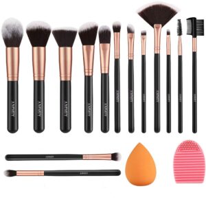 makeup brushes rose golden 14 pcs makeup brush set with blender sponge and brush cleaner premium synthetic kabuki foundation face powder blush eyeshadow cruelty-free brochas de maquillaje