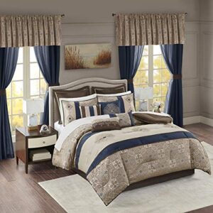 madison park essentials delaney 24-piece room in a bag comforter set-satin jacquard all season luxury bedding, sheets, decorative pillows and curtains, valance, king (104 in x 92 in), medallion navy