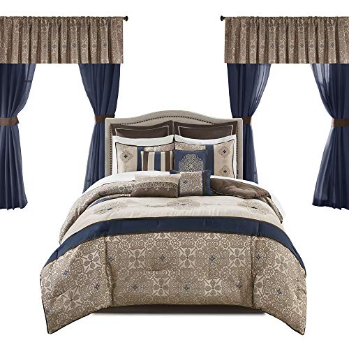 Madison Park Essentials Delaney 24-Piece Room In A Bag Comforter Set-Satin Jacquard All Season Luxury Bedding, Sheets, decorative pillows and Curtains, Valance, King (104 in x 92 in), Medallion Navy