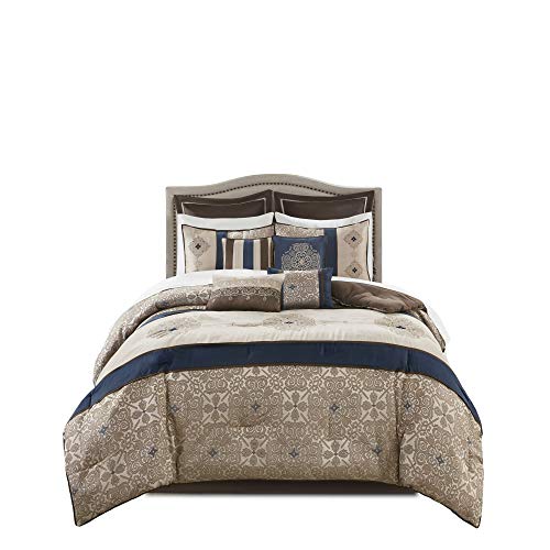 Madison Park Essentials Delaney 24-Piece Room In A Bag Comforter Set-Satin Jacquard All Season Luxury Bedding, Sheets, decorative pillows and Curtains, Valance, King (104 in x 92 in), Medallion Navy