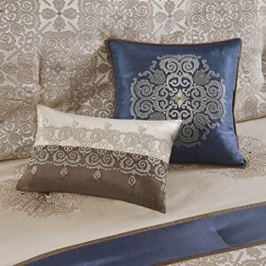 Madison Park Essentials Delaney 24-Piece Room In A Bag Comforter Set-Satin Jacquard All Season Luxury Bedding, Sheets, decorative pillows and Curtains, Valance, King (104 in x 92 in), Medallion Navy