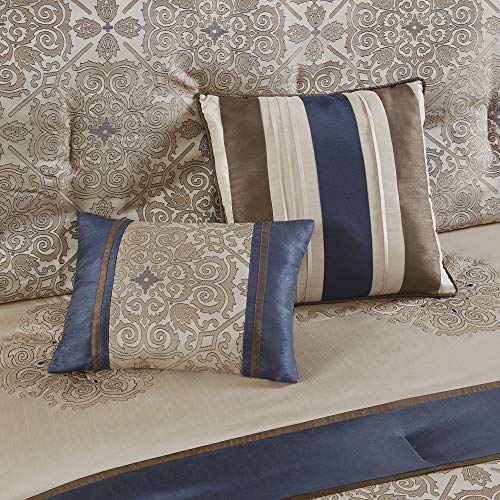 Madison Park Essentials Delaney 24-Piece Room In A Bag Comforter Set-Satin Jacquard All Season Luxury Bedding, Sheets, decorative pillows and Curtains, Valance, King (104 in x 92 in), Medallion Navy