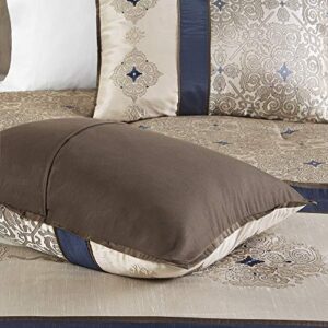 Madison Park Essentials Delaney 24-Piece Room In A Bag Comforter Set-Satin Jacquard All Season Luxury Bedding, Sheets, decorative pillows and Curtains, Valance, King (104 in x 92 in), Medallion Navy