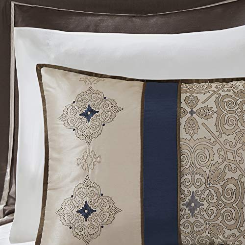 Madison Park Essentials Delaney 24-Piece Room In A Bag Comforter Set-Satin Jacquard All Season Luxury Bedding, Sheets, decorative pillows and Curtains, Valance, King (104 in x 92 in), Medallion Navy