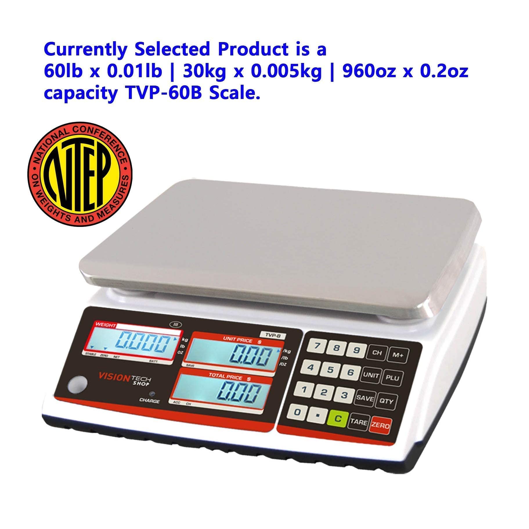 VisionTechShop TVP-60B Price Computing Scale, Lb/Oz/Kg Switchable, 60lb Capacity, 0.01lb Readability, NTEP Legal for Trade COC #19-038