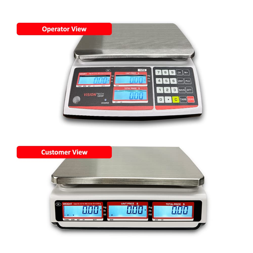 VisionTechShop TVP-60B Price Computing Scale, Lb/Oz/Kg Switchable, 60lb Capacity, 0.01lb Readability, NTEP Legal for Trade COC #19-038