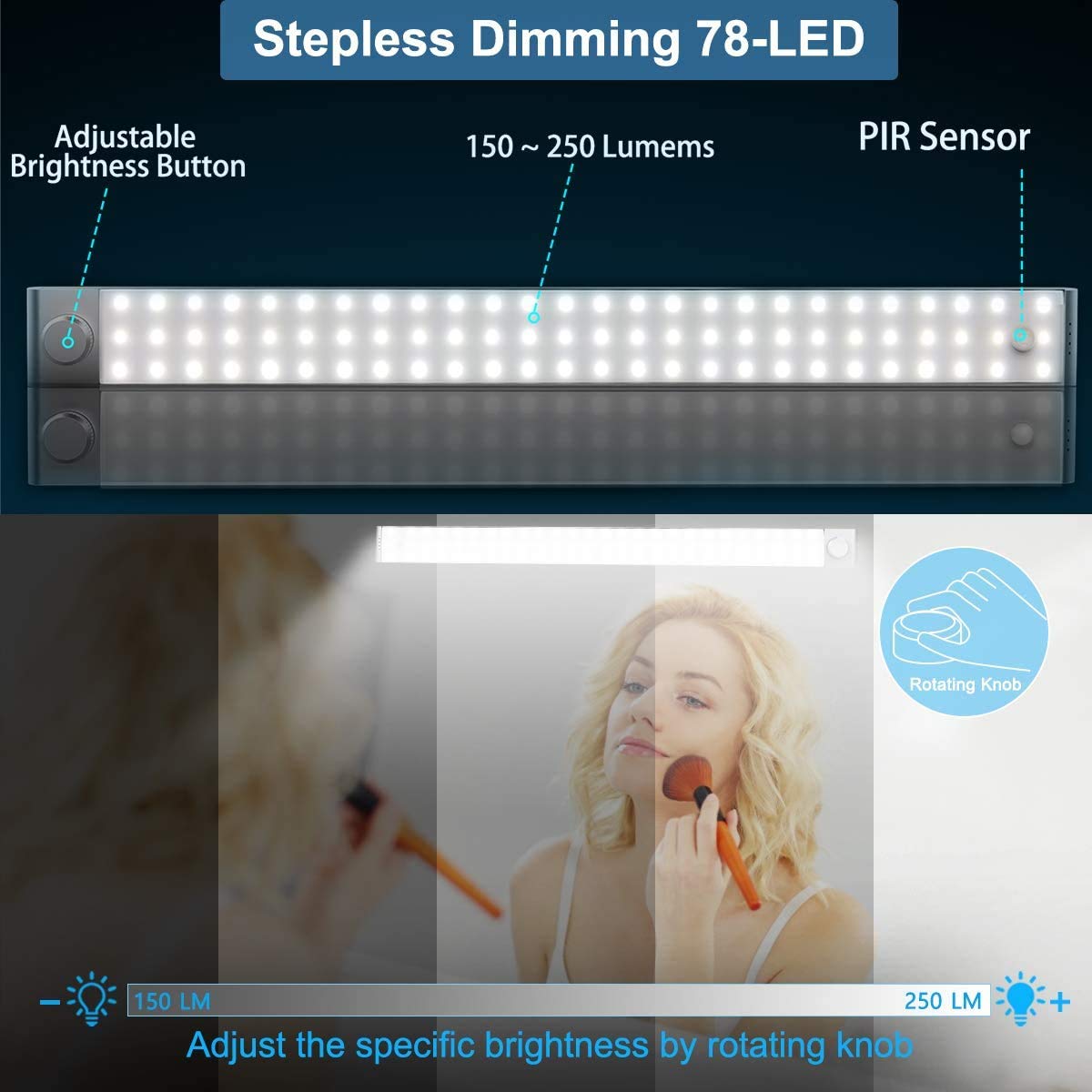 Lightbiz 78 LED Closet Light, Rechargeable Dimmable Motion Sensor Closet Light Wireless Under Cabinet Night Light with 3200mAh Large Battery for Cabinet, Wardrobe, Kitchen