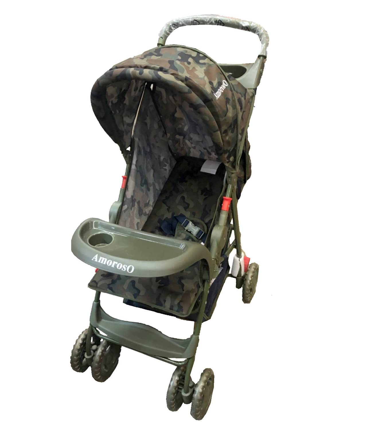 AmorosO Convenient Single Stroller 2201 Camouflage - Foldable Light Stroller - Hood Cover Canopy for Sun Shade and Light Rain Protection - With Cup Holder and Bottom Storage - (Pink/Gray)