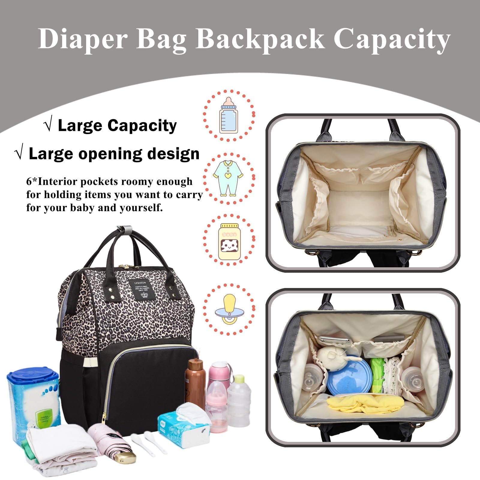 Armbq Leopard Print Diaper Bag Backpack Multi-Function Diaper Bag for Baby Care Waterproof Travel Baby Bag for Mom Coffee