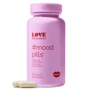 love wellness mood pill supplement | promotes a happy mood | helps with pms hormones, stress relief, & improves mood | vitamin b6, gaba, l-theanine & organic ginkgo biloba leaf powder | 60 capsules