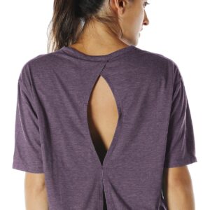 icyzone Open Back Workout Top Shirts - Yoga t-Shirts Activewear Exercise Crop Tops for Women (M, Plum Purple)