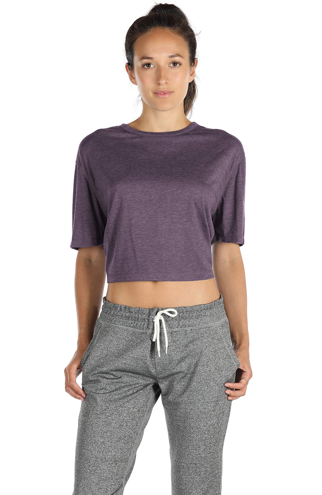 icyzone Open Back Workout Top Shirts - Yoga t-Shirts Activewear Exercise Crop Tops for Women (M, Plum Purple)