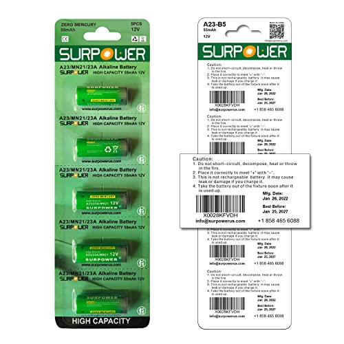 【5-Year Warranty】SURPOWER A23 23A 23AE 12v Alkaline Battery A23s -5 Pack